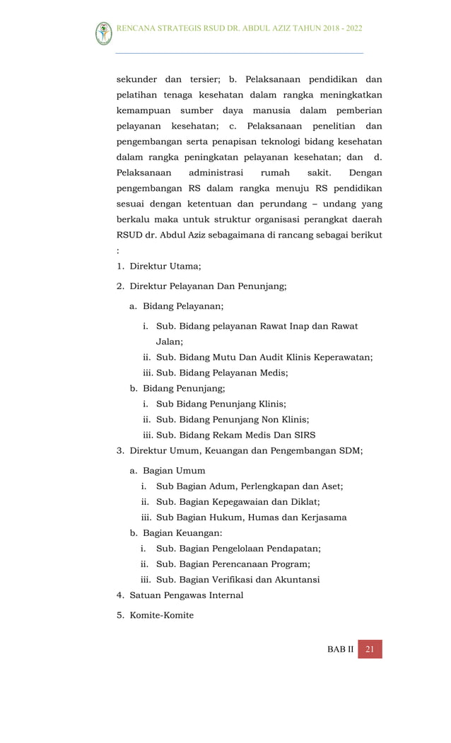 Rencana Strategis (RENSTRA) RSUD dr. ABDUL AZIZ Tahun 2018 - 2022 | PDF