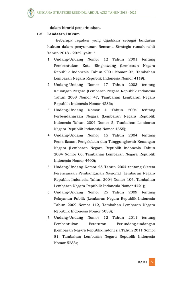 Rencana Strategis (RENSTRA) RSUD dr. ABDUL AZIZ Tahun 2018 - 2022 | PDF