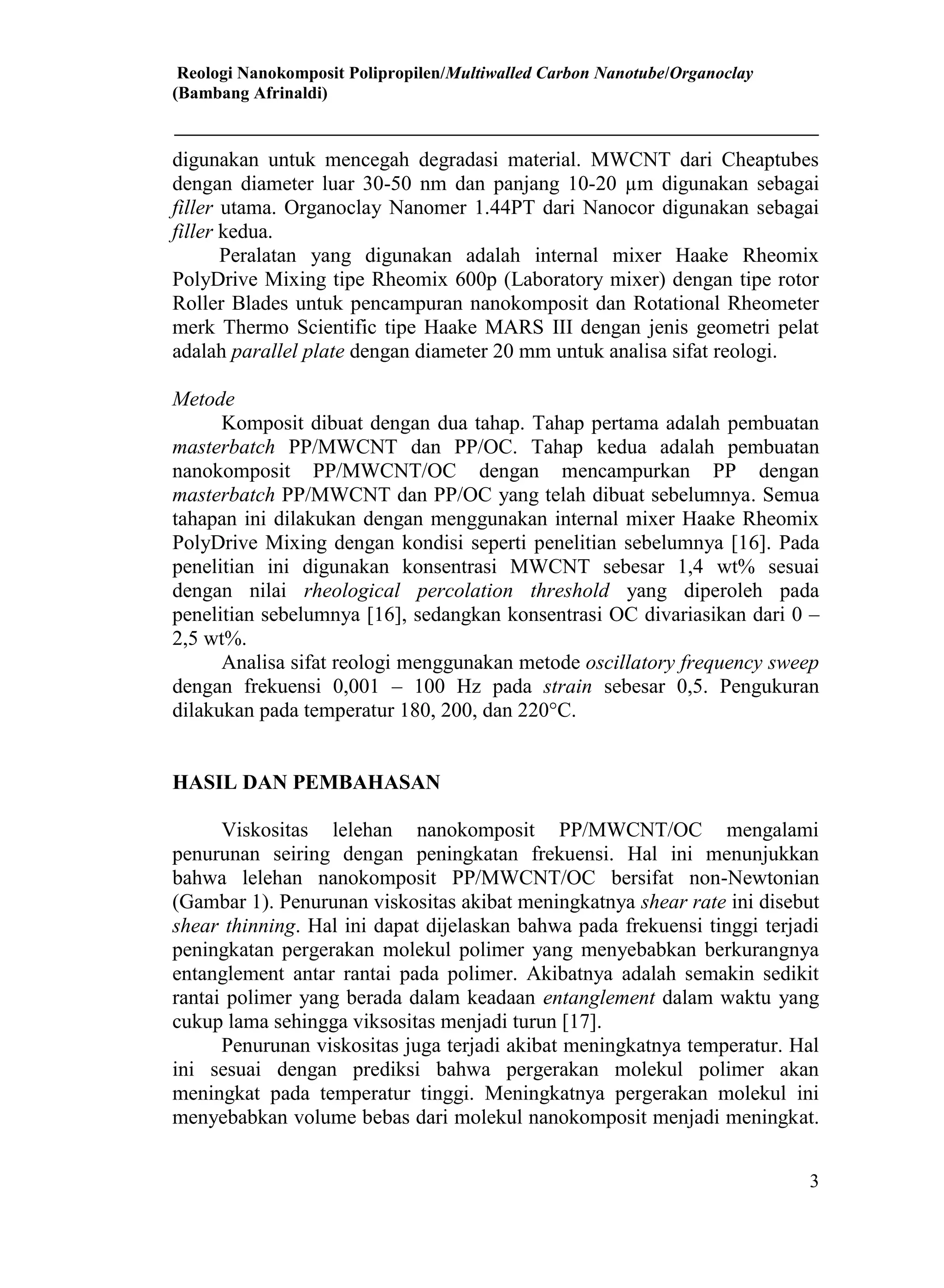 Reologi nanokomposit polipropilen/mwcnt/organoclay | PDF