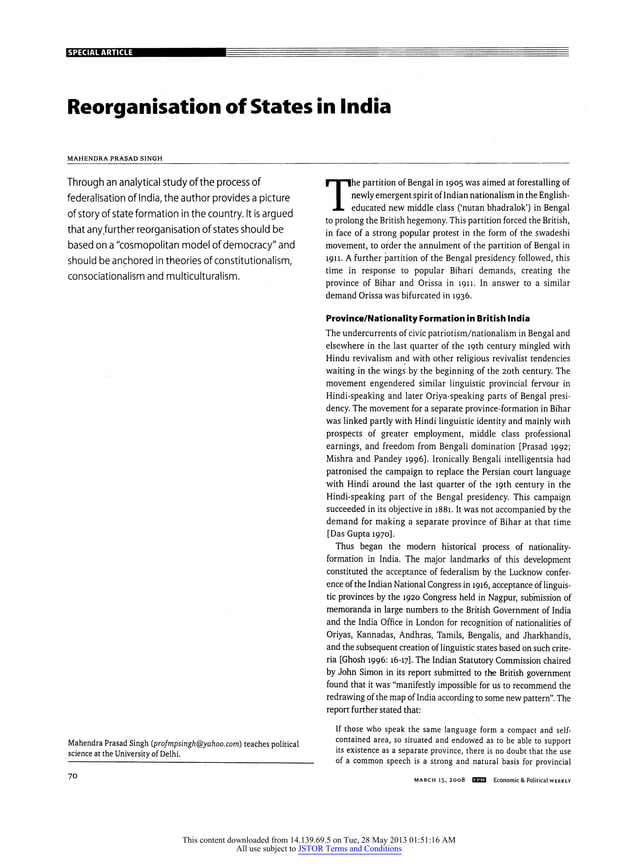 Reorganistion of states in india | PDF