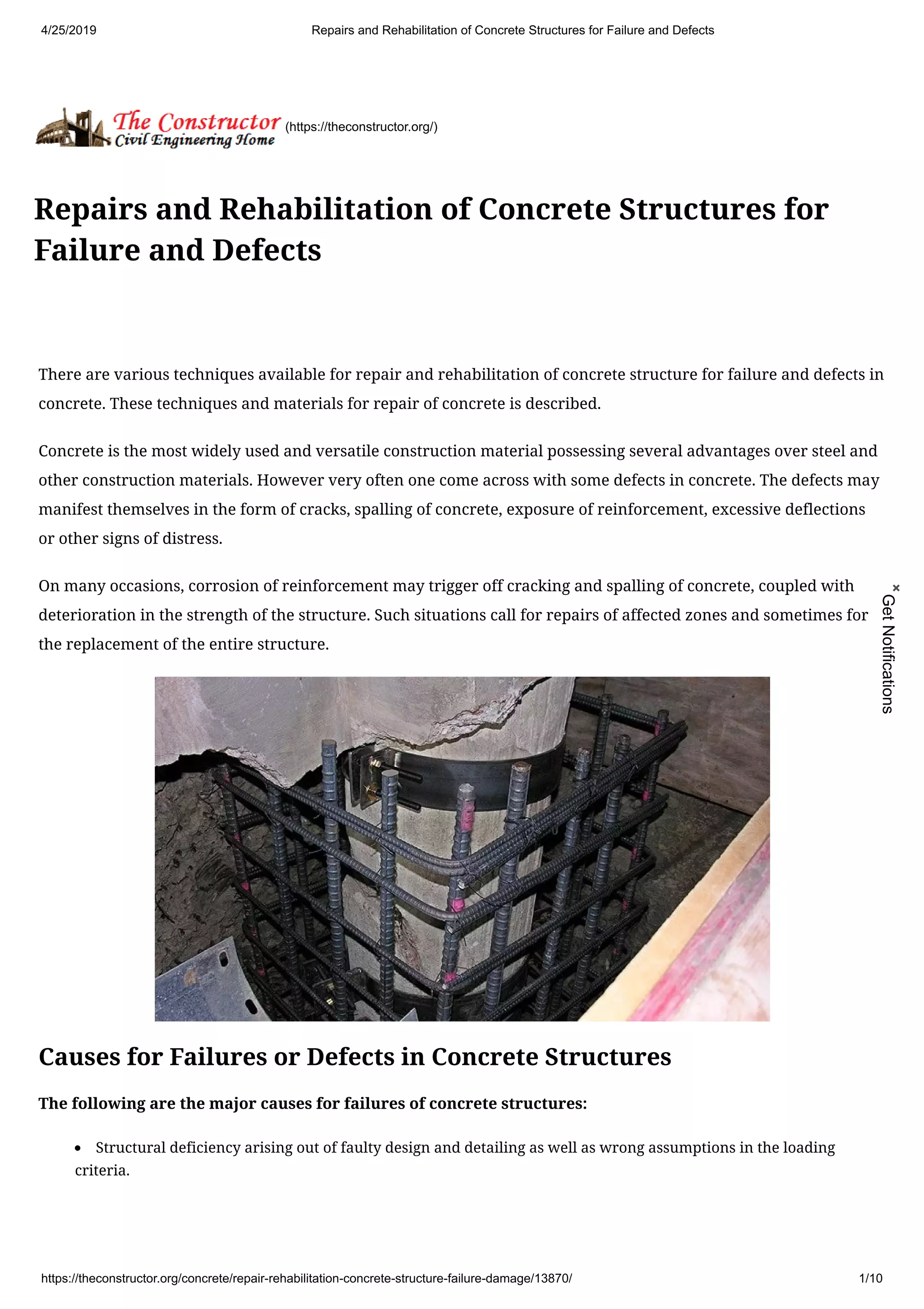 Repairs and rehabilitation of concrete structures for failure and defects | PDF