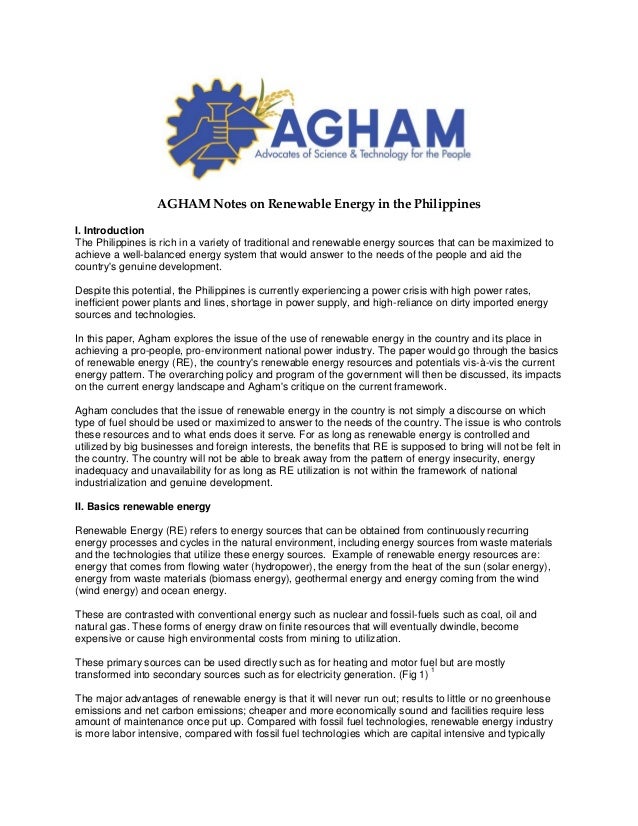 AGHAM Notes on Renewable Energy in the Philippines