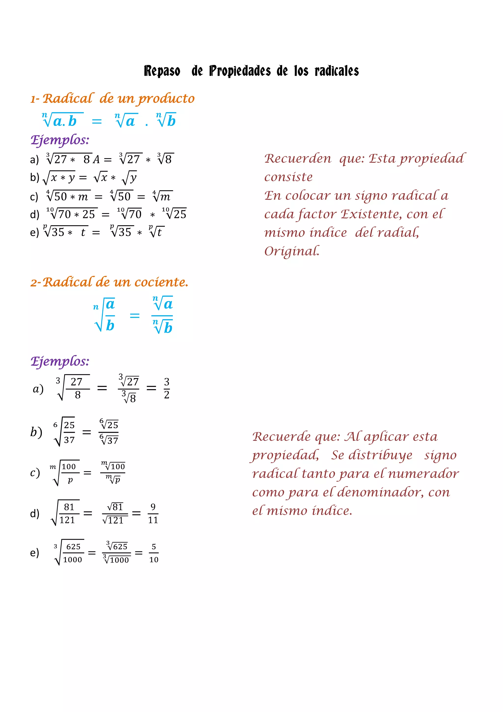 Repaso de propiedad de los radicales. | DOCX