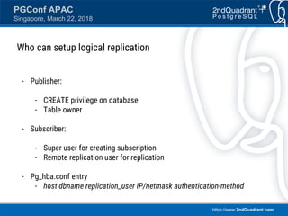 PGConf APAC 2018: PostgreSQL 10 - Replication goes Logical | PPT