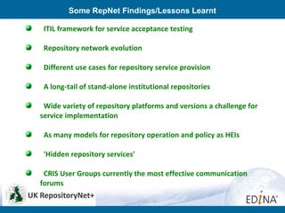 UK RepositoryNet+ Round Table Presentation on Lessons Learnt - Andrew ...