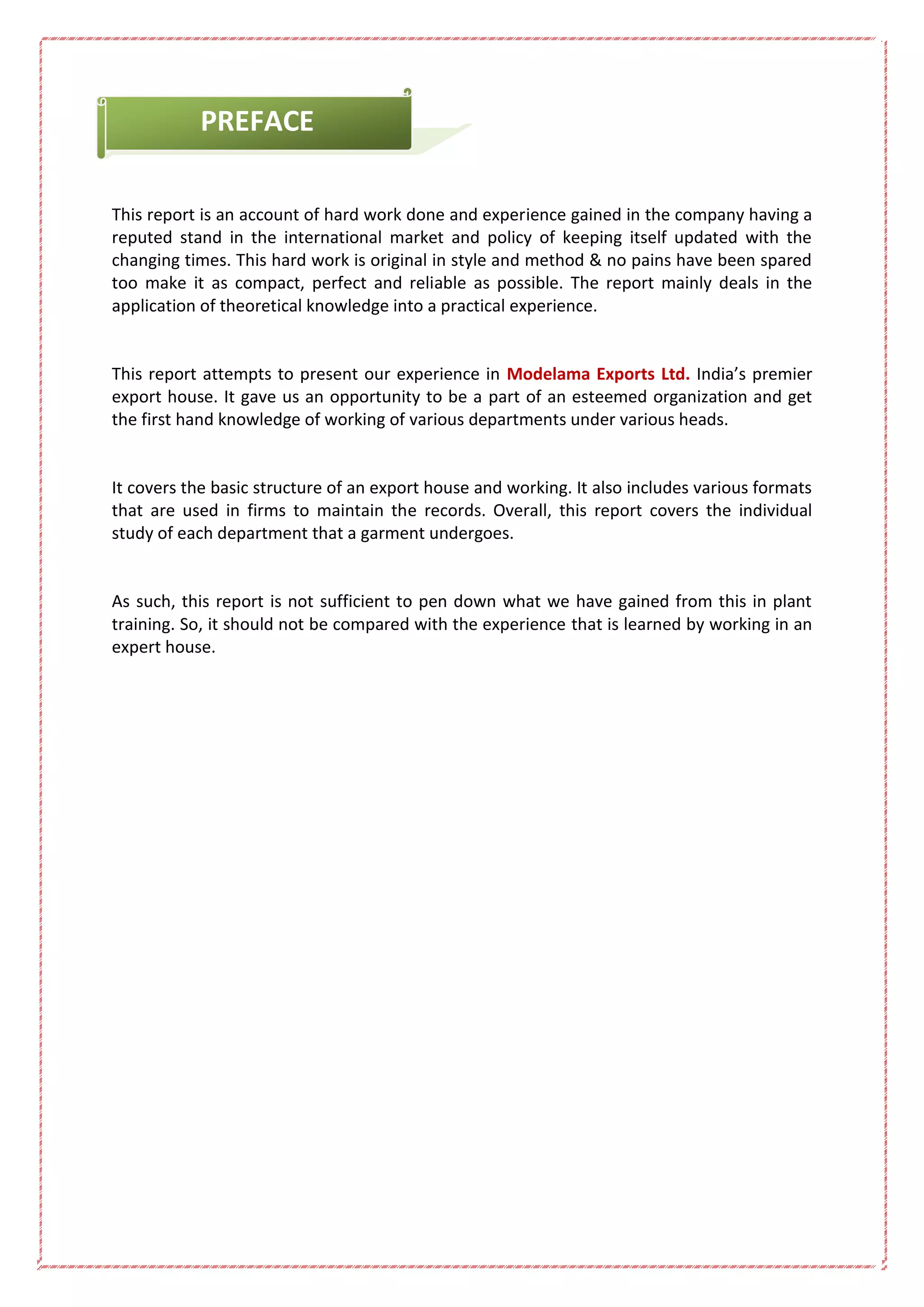 Modelama Exports - Apparel Manufacturing Internship Report | PDF