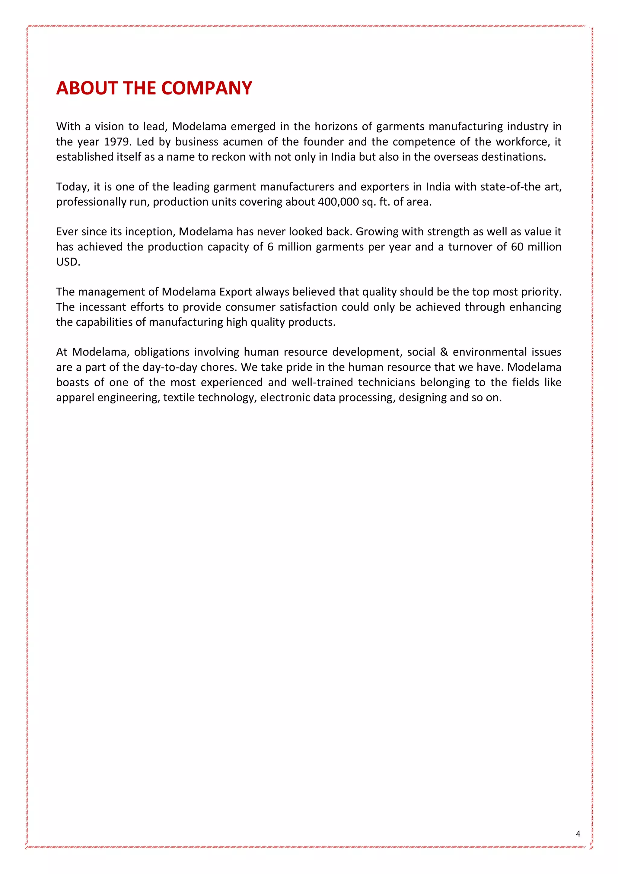 Modelama Exports - Apparel Manufacturing Internship Report | PDF