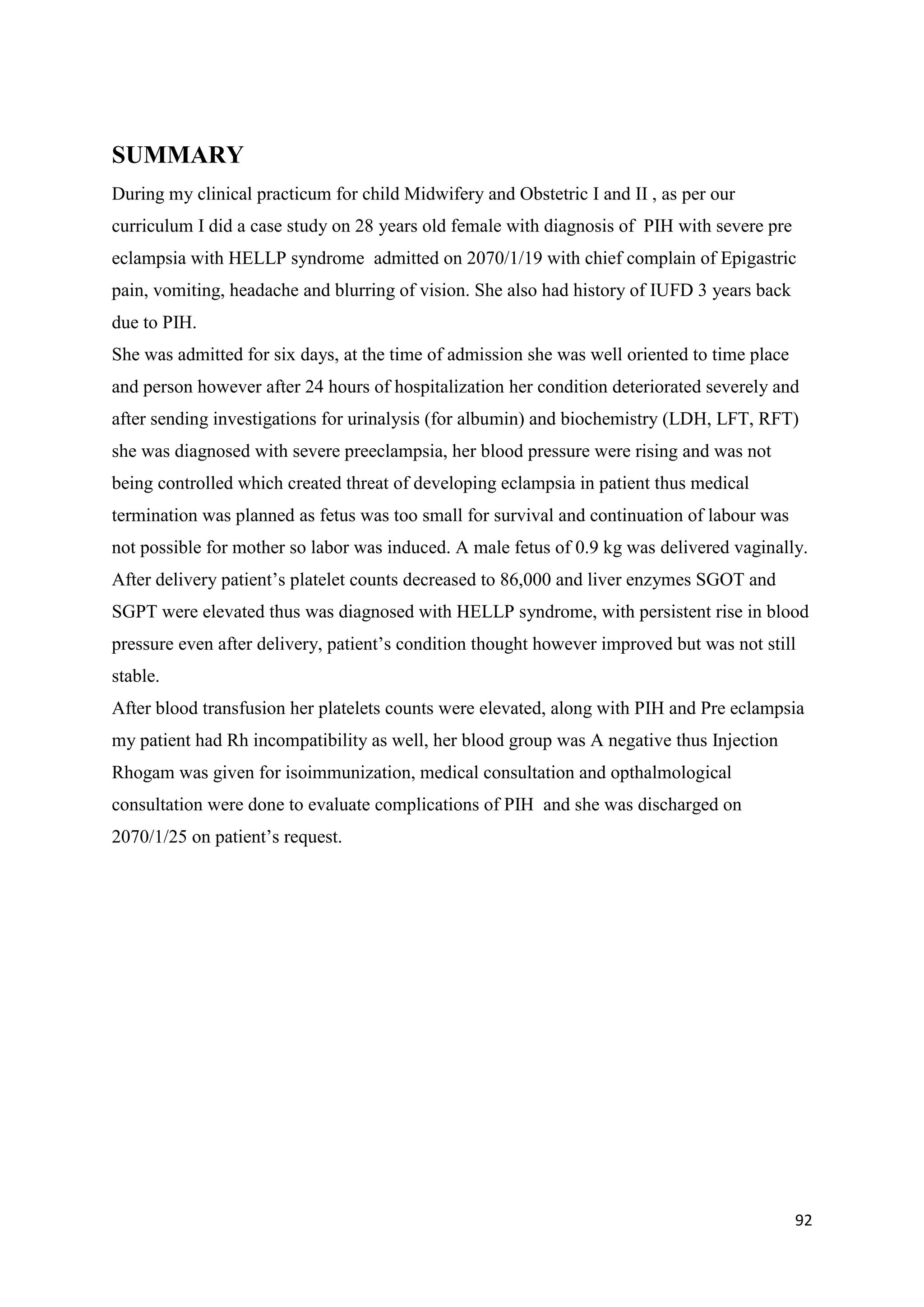 Case Study Report on PIH and Severe Pre eclampsia | DOCX