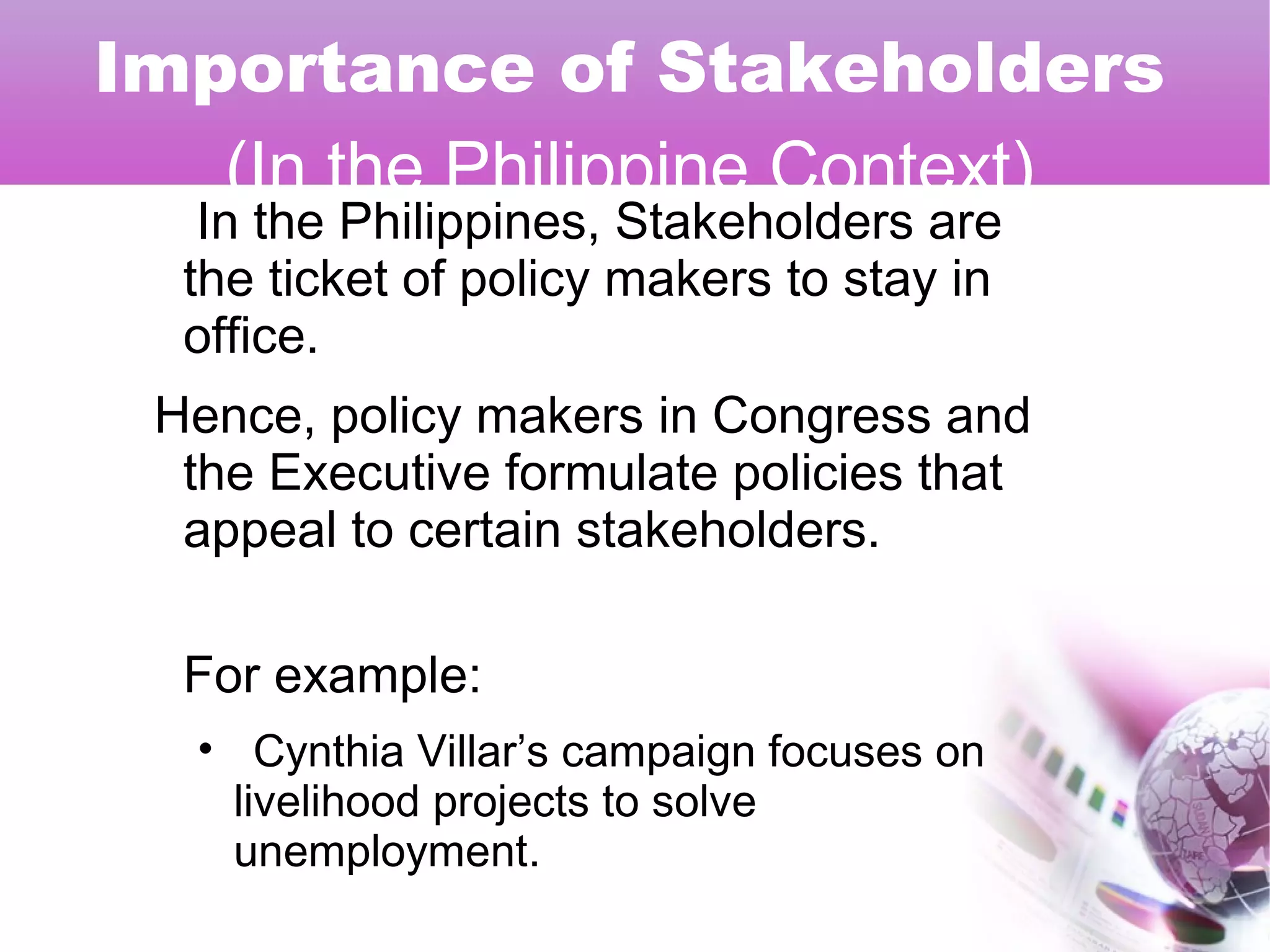 STAKEHOLDERS : their role and influence in public policy | PPT