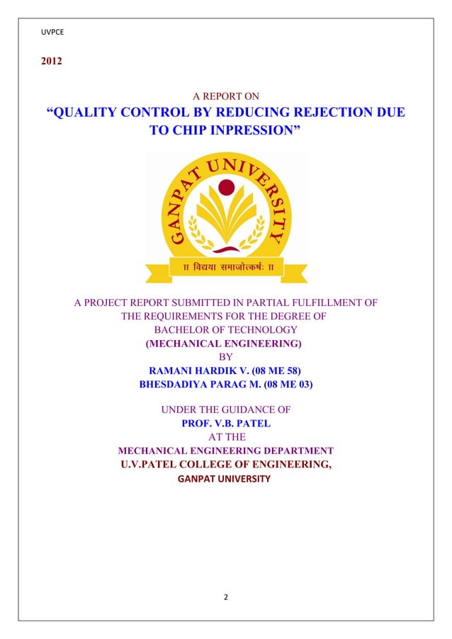 REPORT ON QUALITY CONTROL BY REDUCING REJECTION DUE TO CHIP IMPRESSION ...
