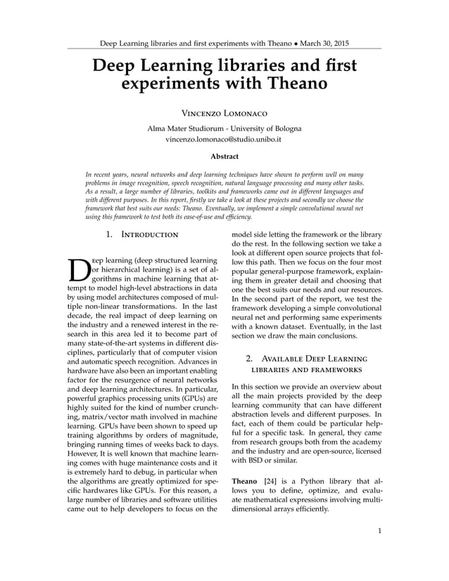 Deep Learning libraries and ﬁrst experiments with Theano | PDF