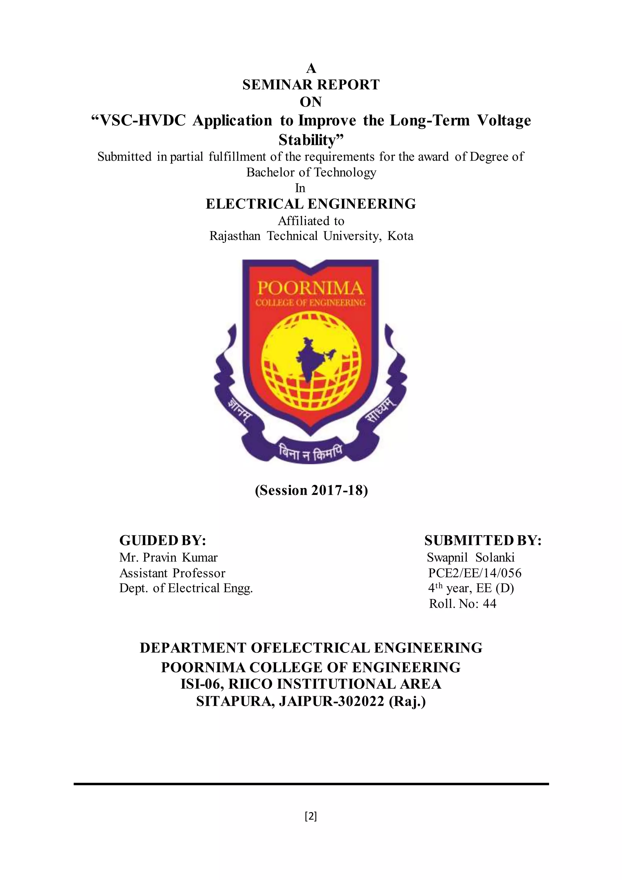 seminar report on vsc-hvdc poornima college of engineering | PDF