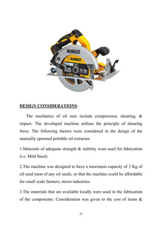 DESIGN & FABRICATION OF MANUALLY OPERATED PORTABLE OIL EXTRACTOR | PDF