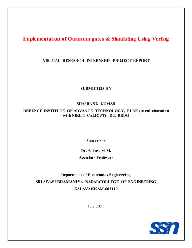 Report-Implementation of Quantum Gates using Verilog | DOC Report-Implementation of Quantum Gates using Verilog | DOC