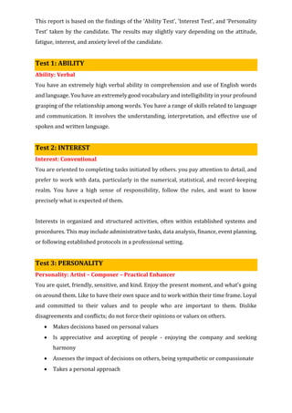 Report of Career Test of Student in 10th | PDF