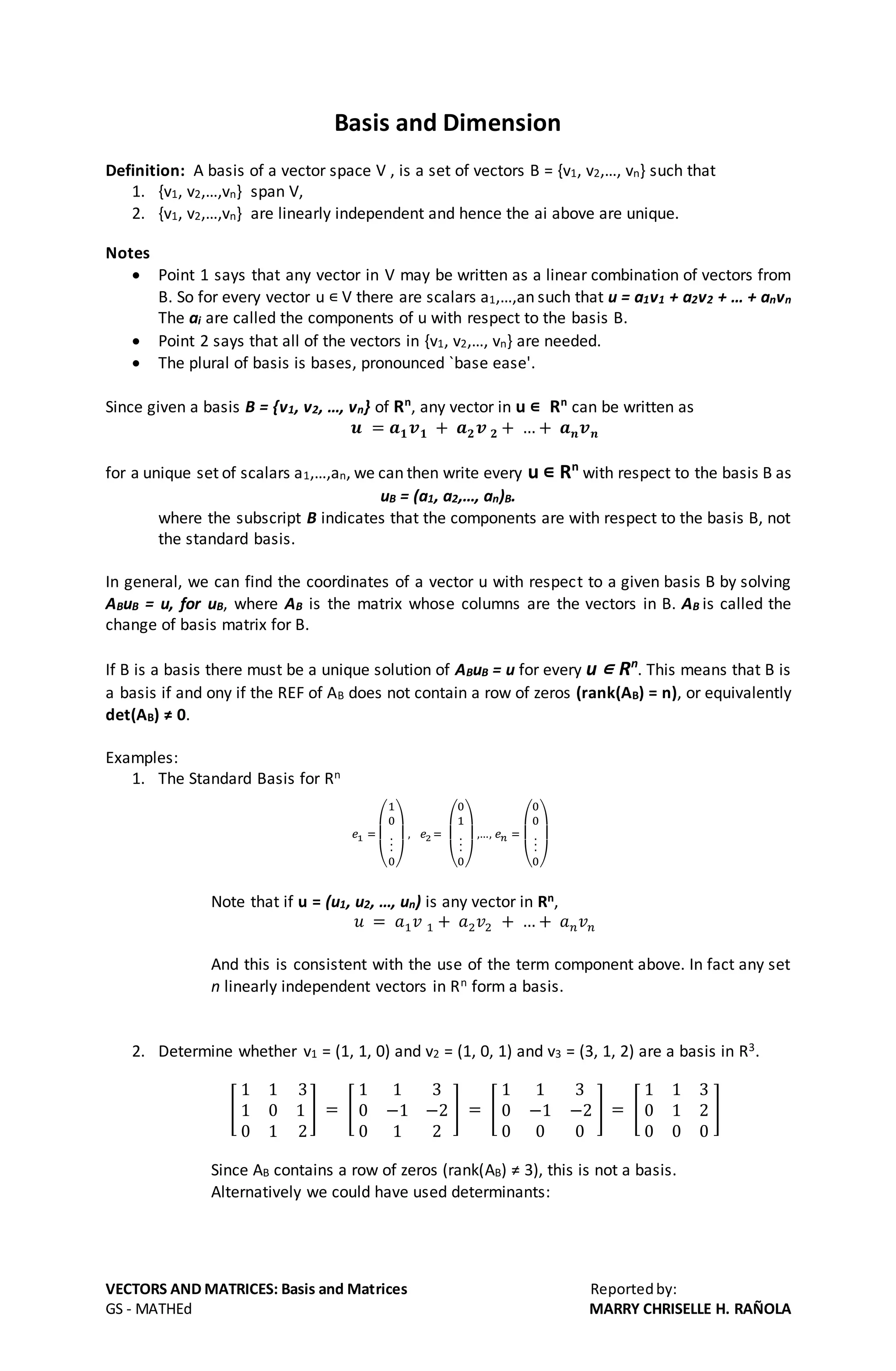 Vectors and Matrices: basis and dimension | DOCX