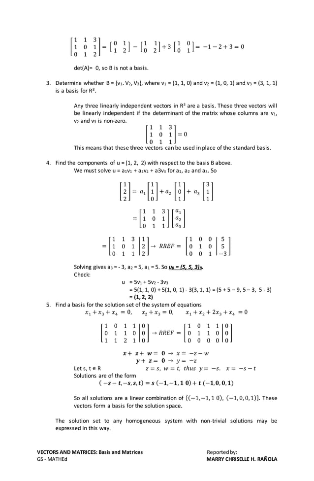 Vectors and Matrices: basis and dimension | PDF