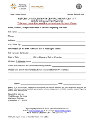 Report of-lost-or-stolen-certificate-form-1 wyoming -2016 | PDF