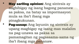 Sintesis at Buod, Report in Filipino.... | PPT