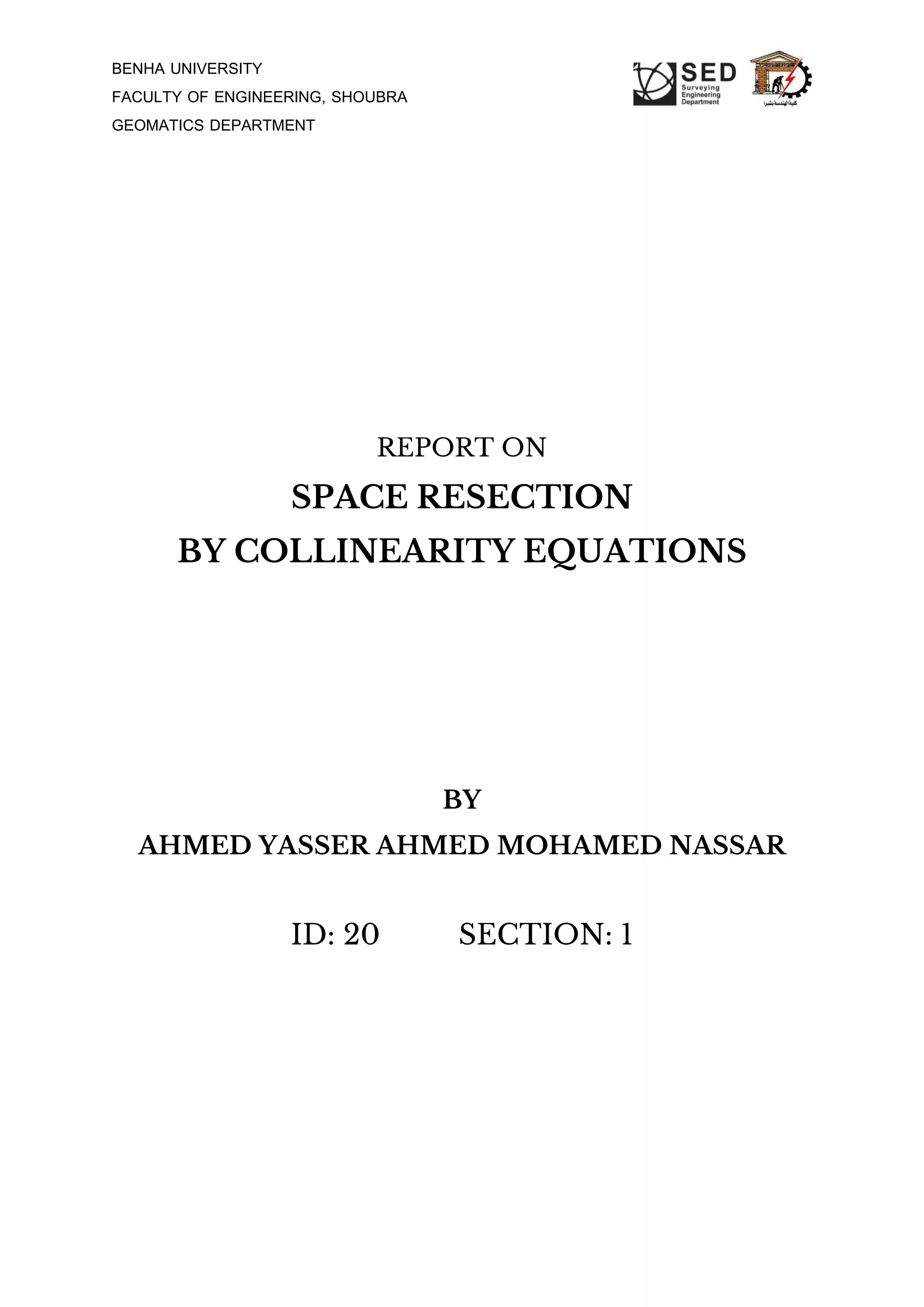 Photogrammetry Space Resection By Collinearity Equations Pdf