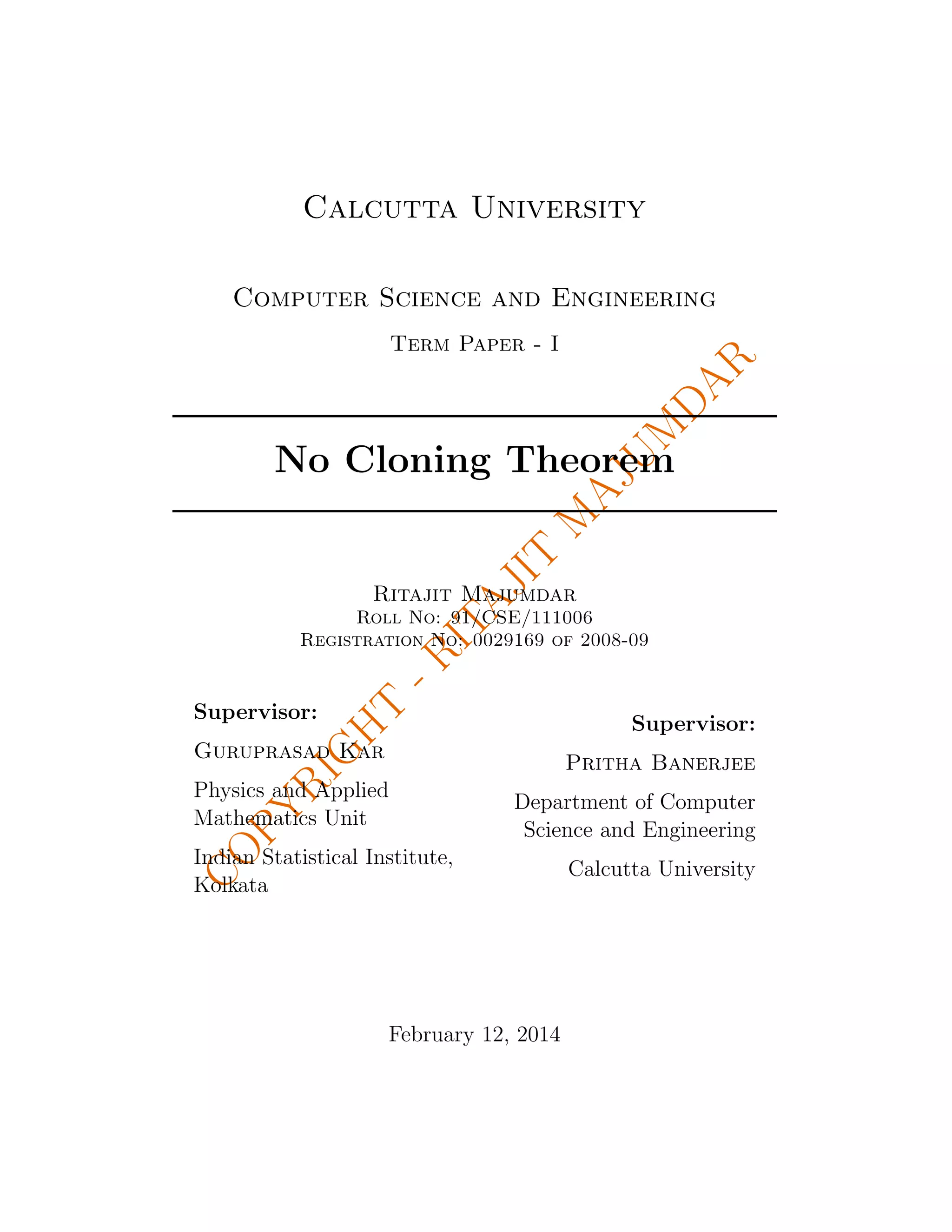 No Cloning Theorem with essential Mathematics and Physics | PDF