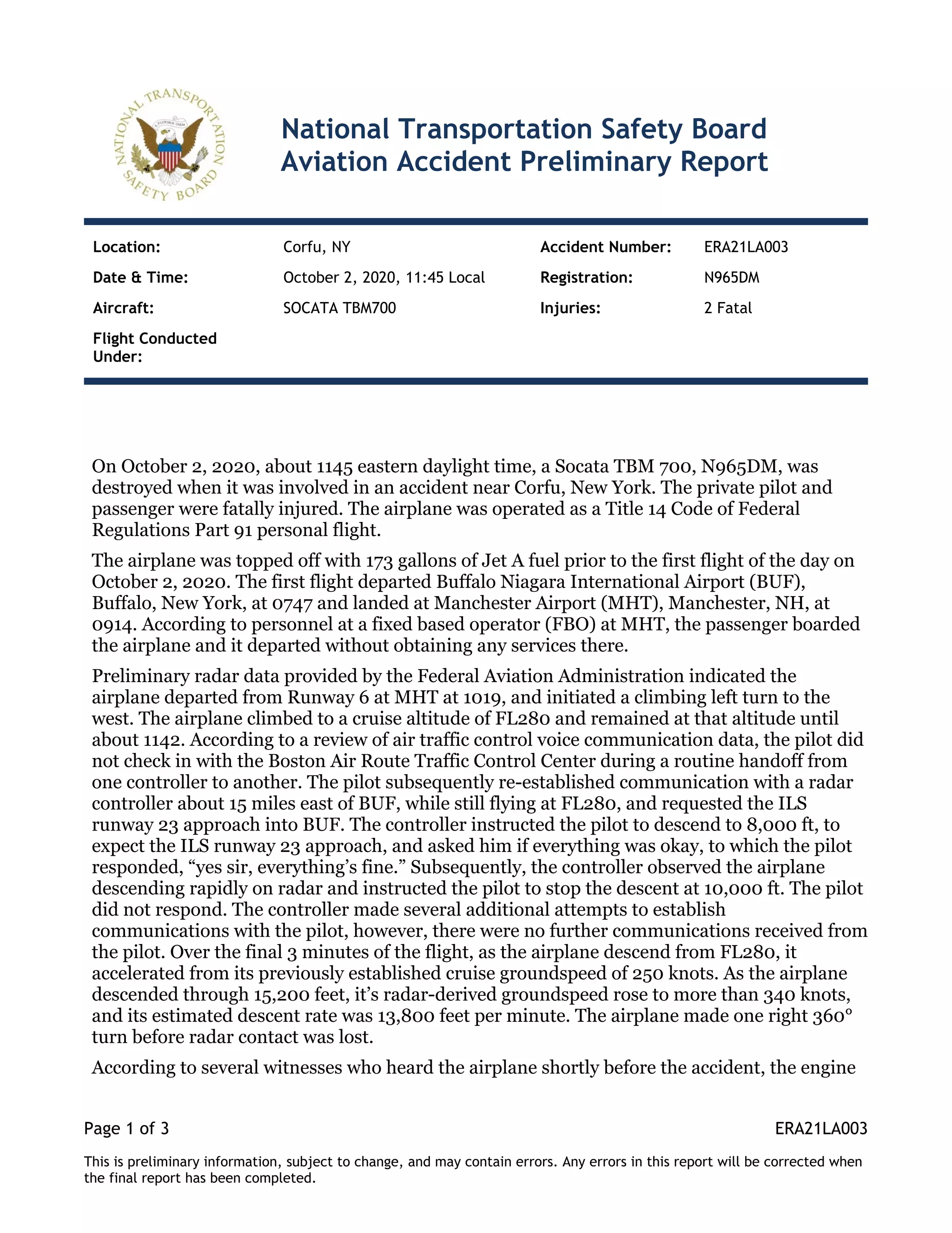 NTSB report on deadly plane crash near Corfu, NY | PDF