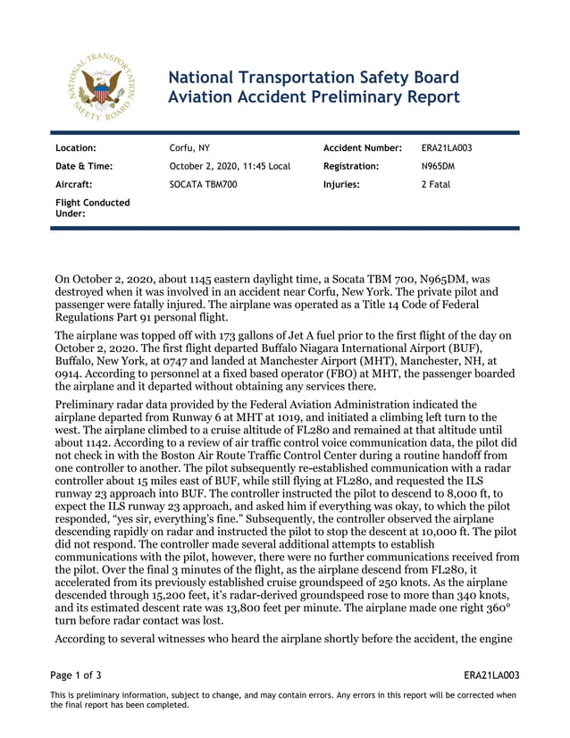 NTSB report on deadly plane crash near Corfu, NY | PDF | Air Travel ...