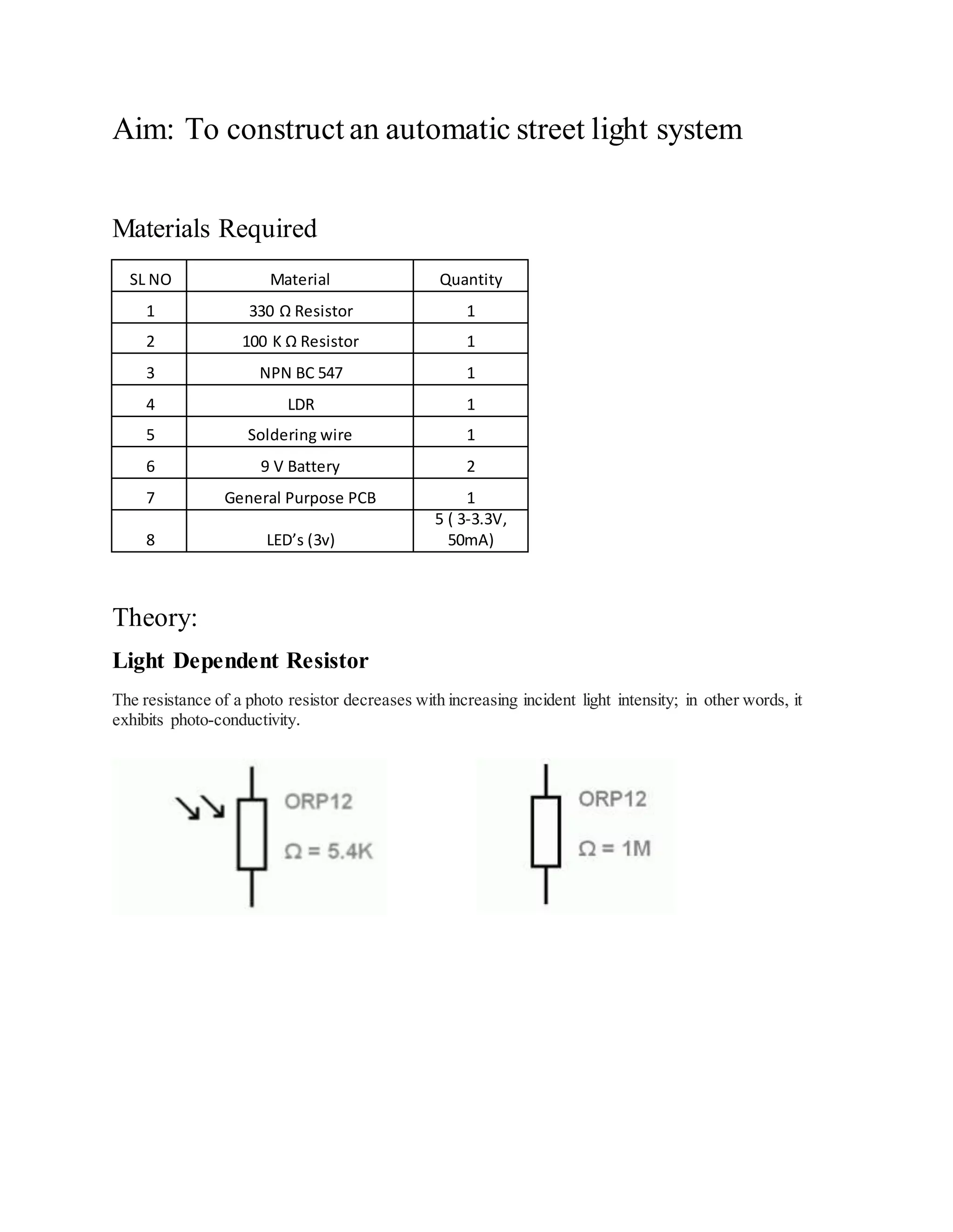 Automatic Night Light/ Street Light | DOCX