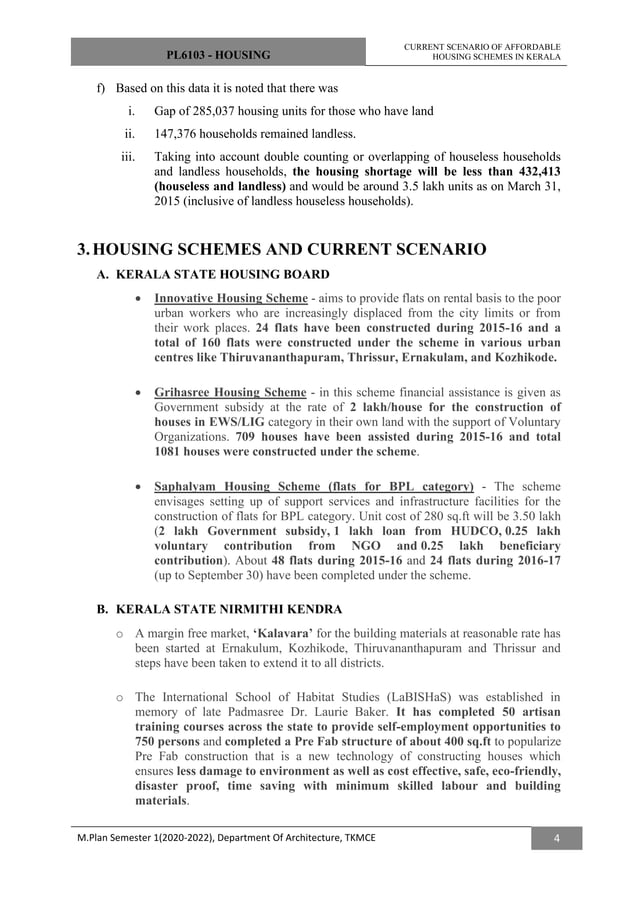 CURRENT SCENARIO OF AFFORDABLE HOUSING SCHEMES IN KERALA | PDF ...