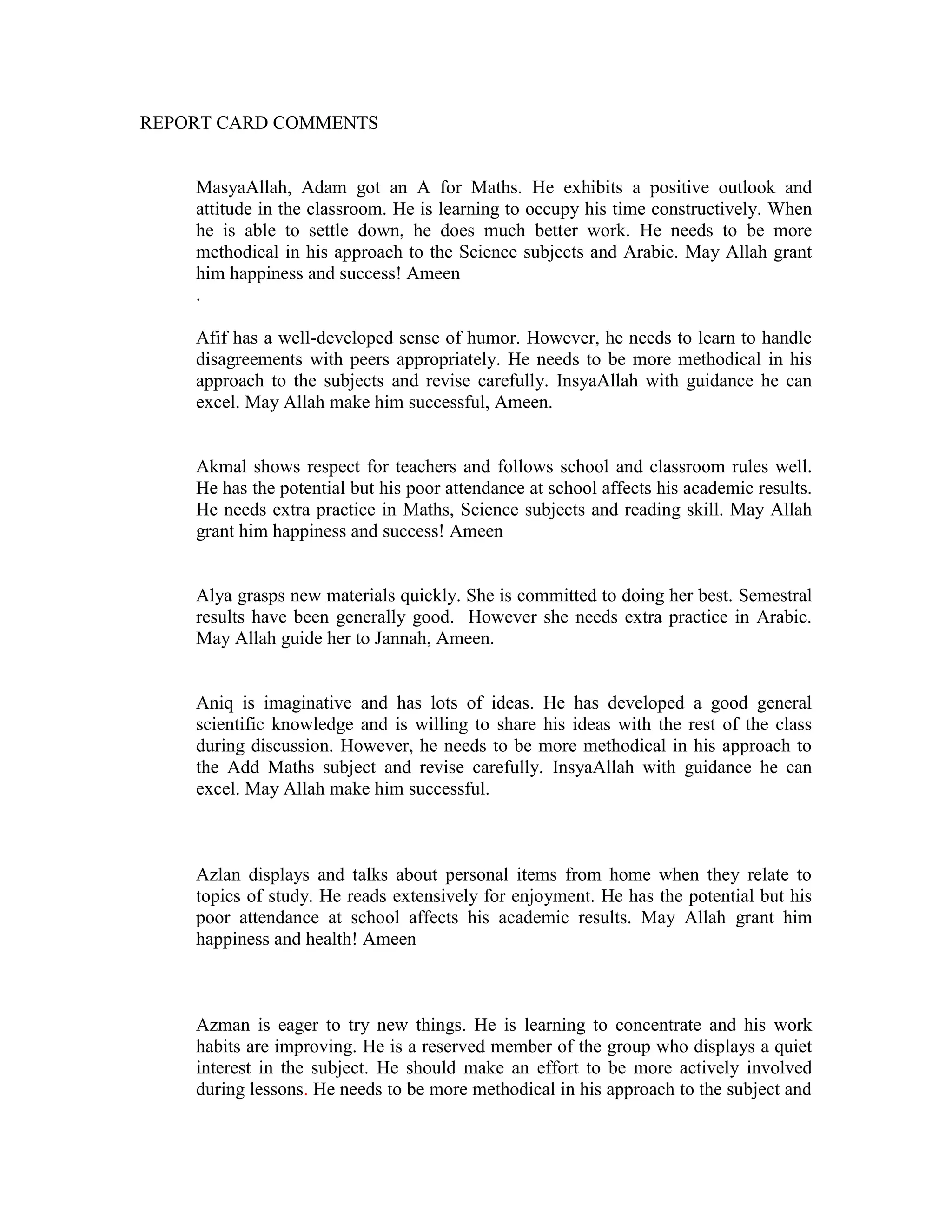 Report card comments Sample for Islamic School | PDF