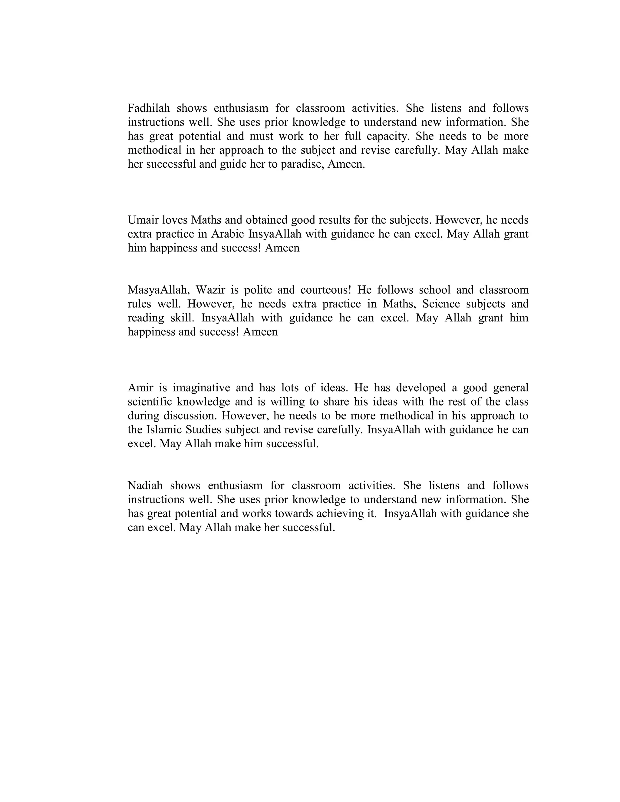 Report card comments Sample for Islamic School | PDF