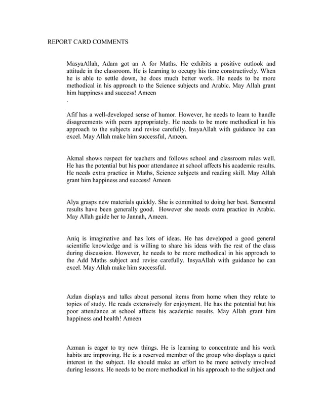 Report card comments Sample for Islamic School | PDF
