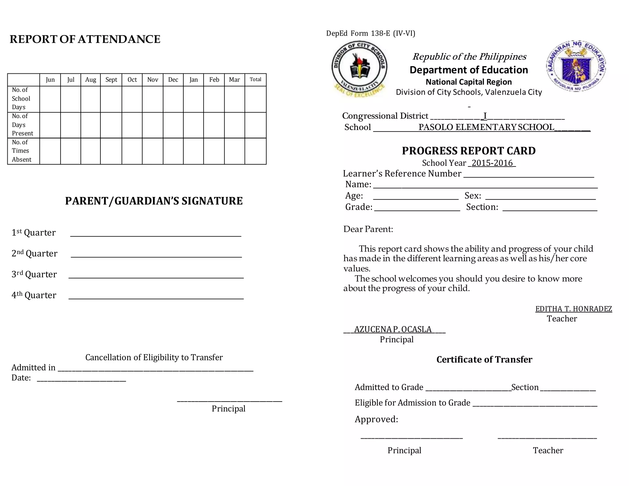 Report card grade iv vi | DOCX