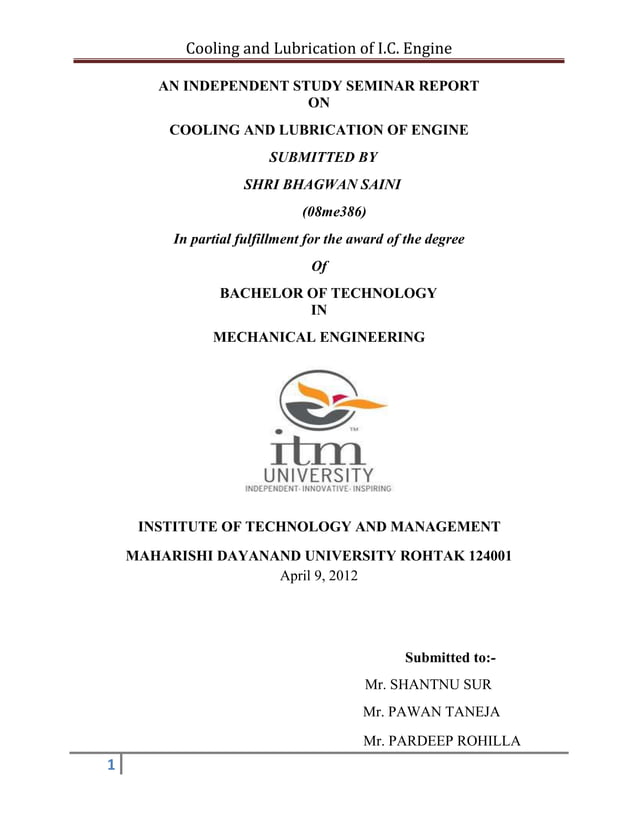 cooling and lubrication of engine report | DOCX | Auto Parts | Automotive