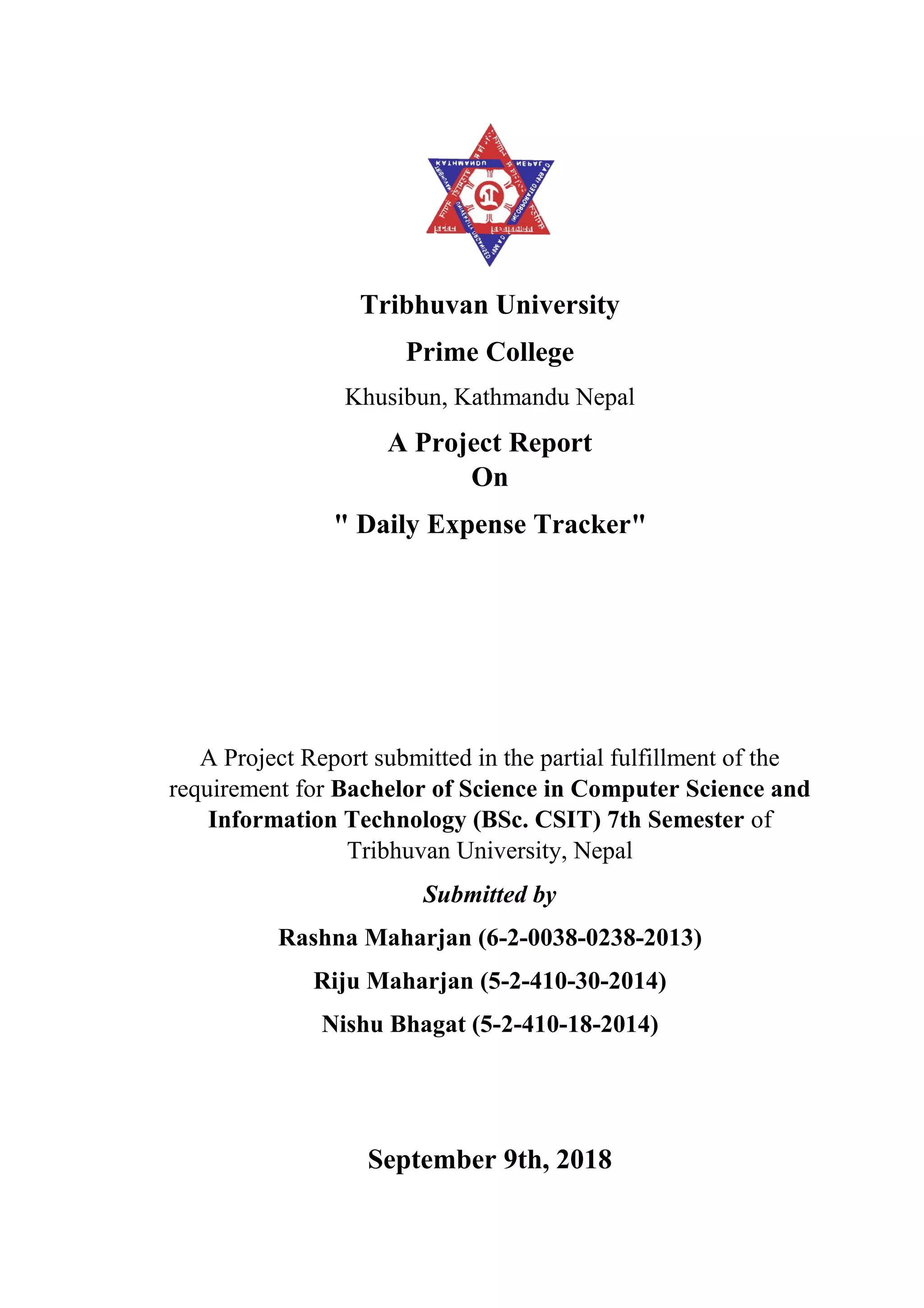 Daily Expense Tracker BSc.CSIT Project Nepal | PDF
