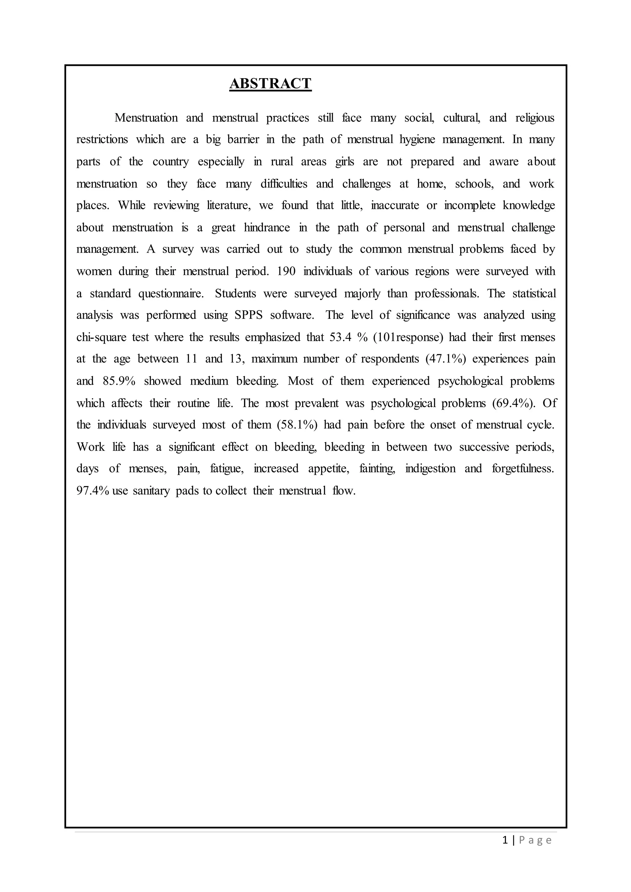 Report on Challenges faced during menstruation. | DOCX