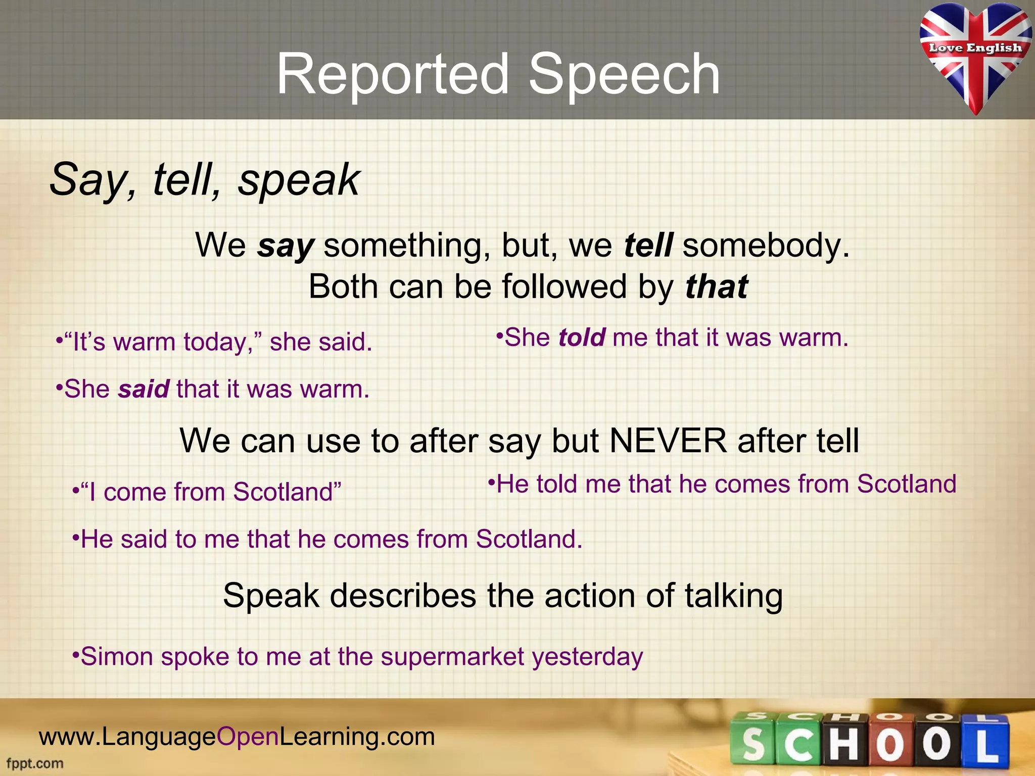 Learn English Grammar - Reported Speech I | PPT