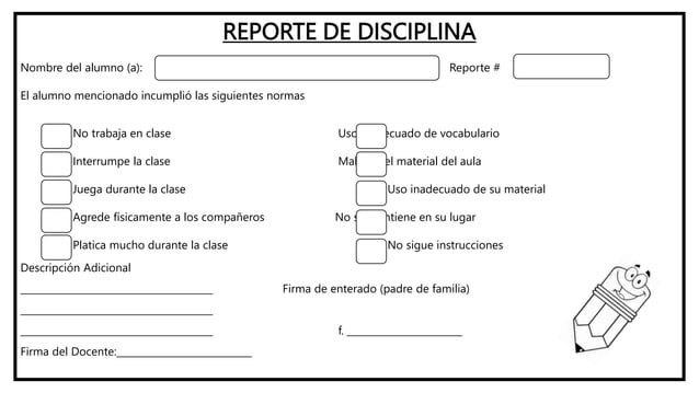 reporte de disciplina, se utiliza en cualquier grado de nivel primaria ...