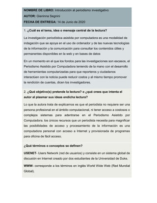 Reporte de lectura de Introducción al periodismo investigativo de ...
