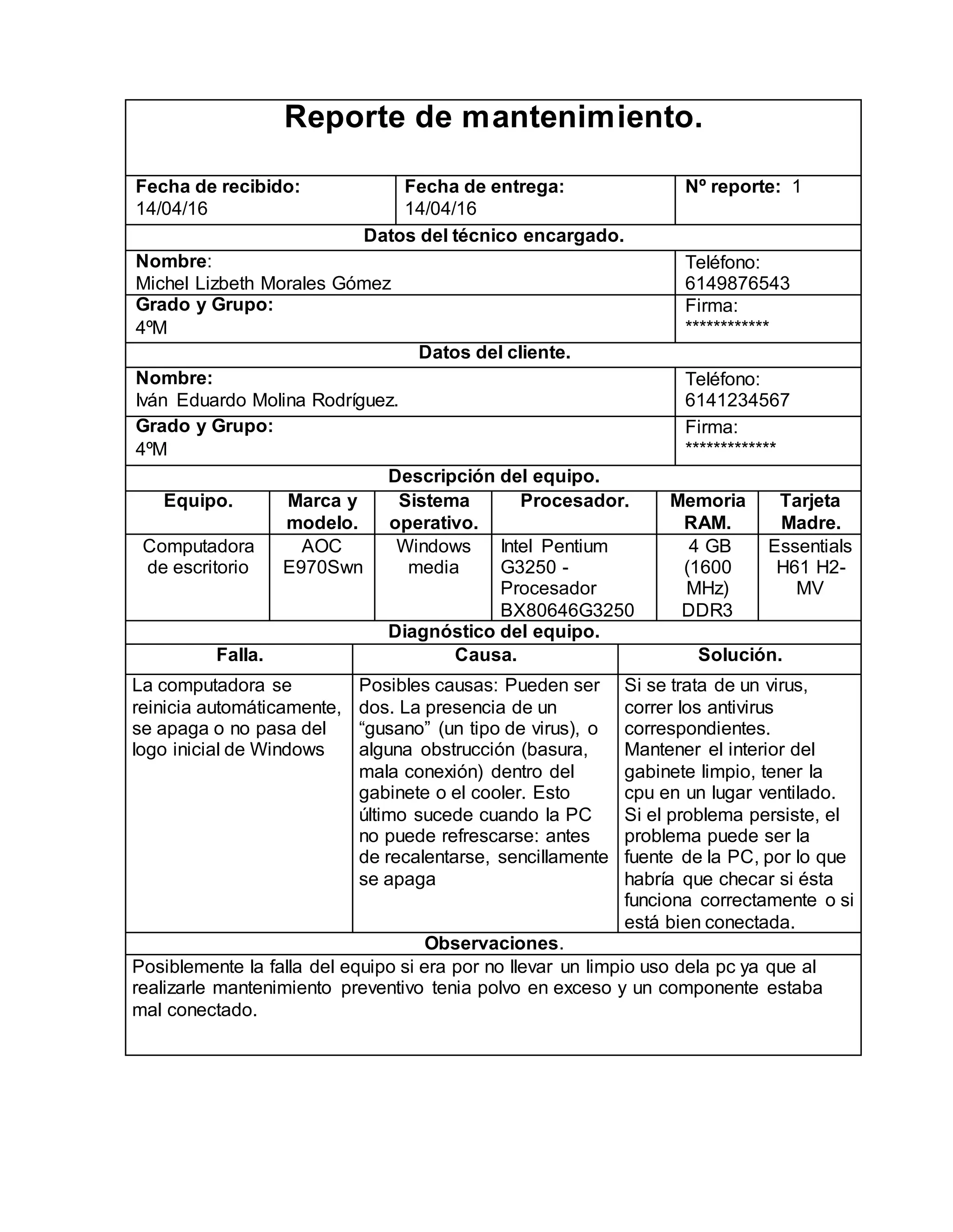 Reporte de mantenimiento | DOCX