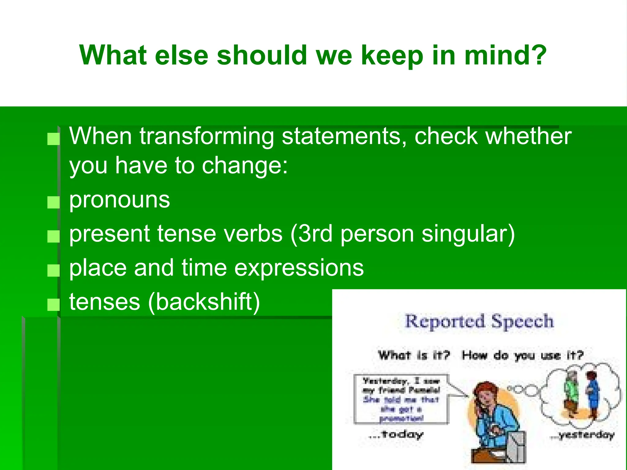 reported speech grammar drills, review, explanation, exercises | PPT