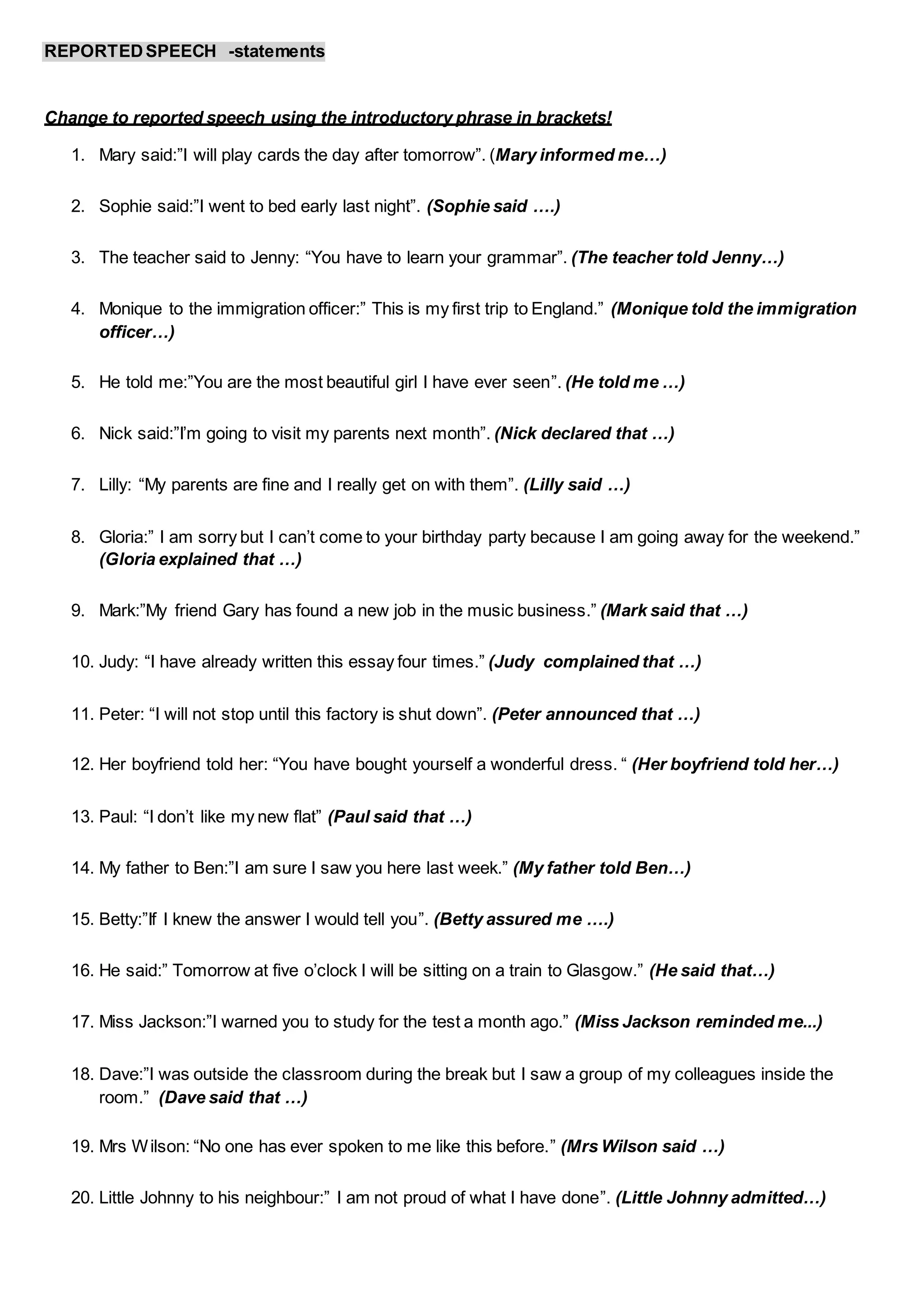 Reported speech statements | PDF