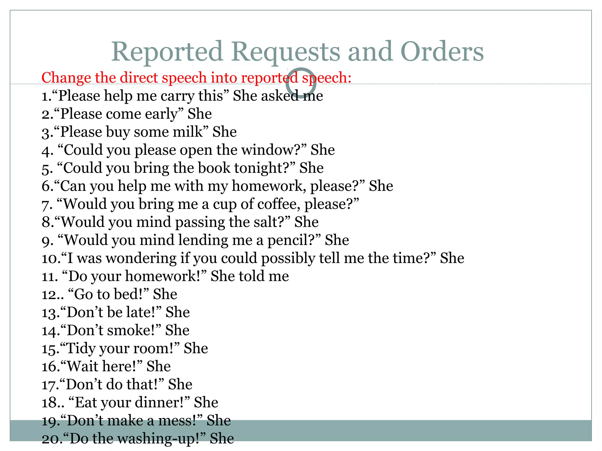 Reported speech exercises | PPT
