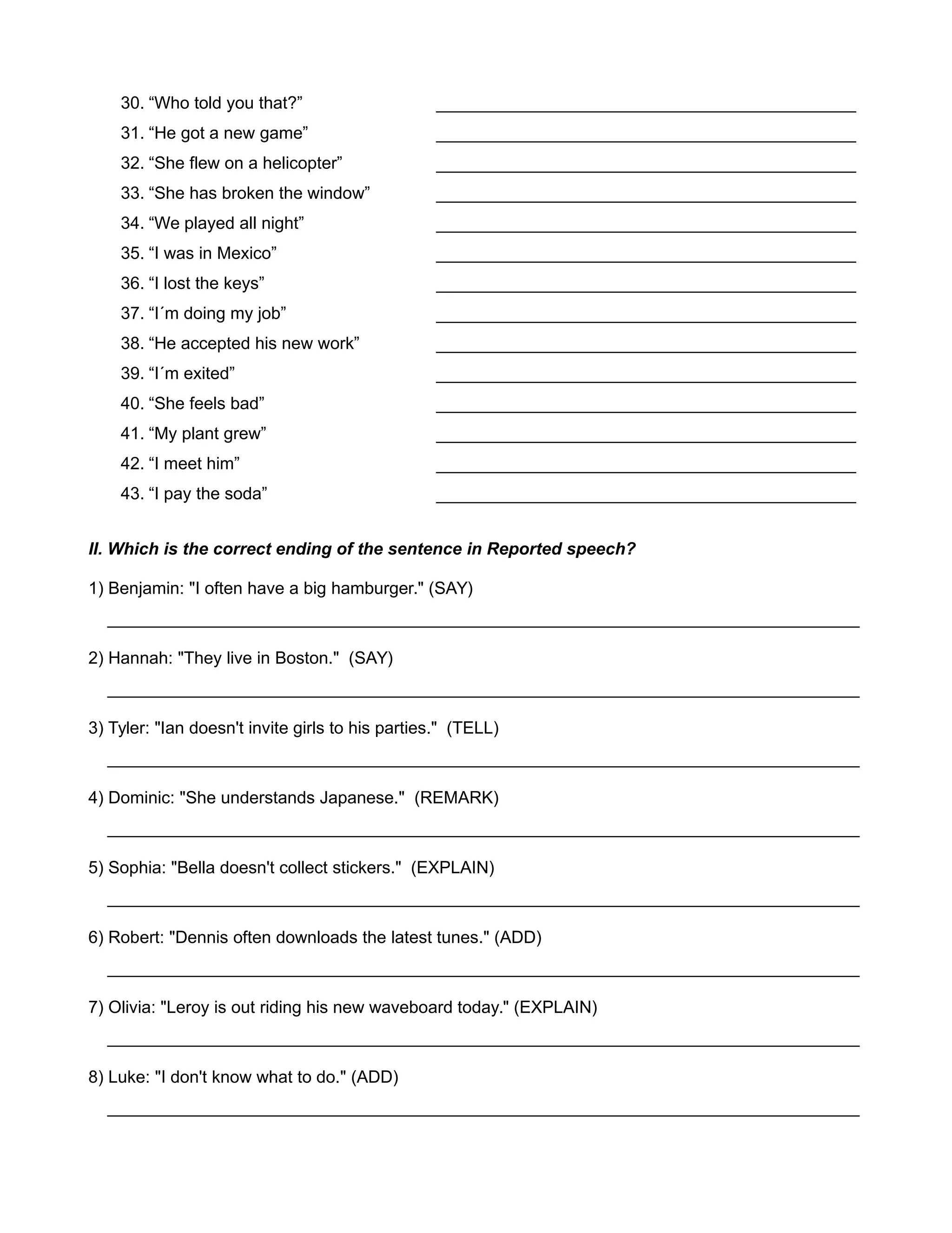 Reported Speech Exercises | PDF