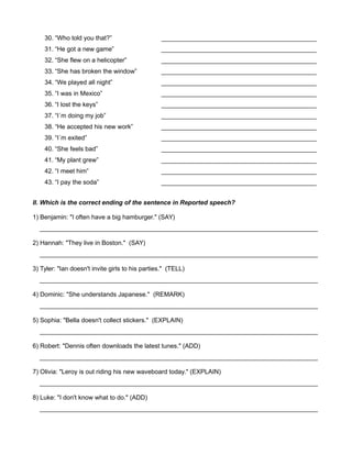 Reported speech exercises for practicing | PDF