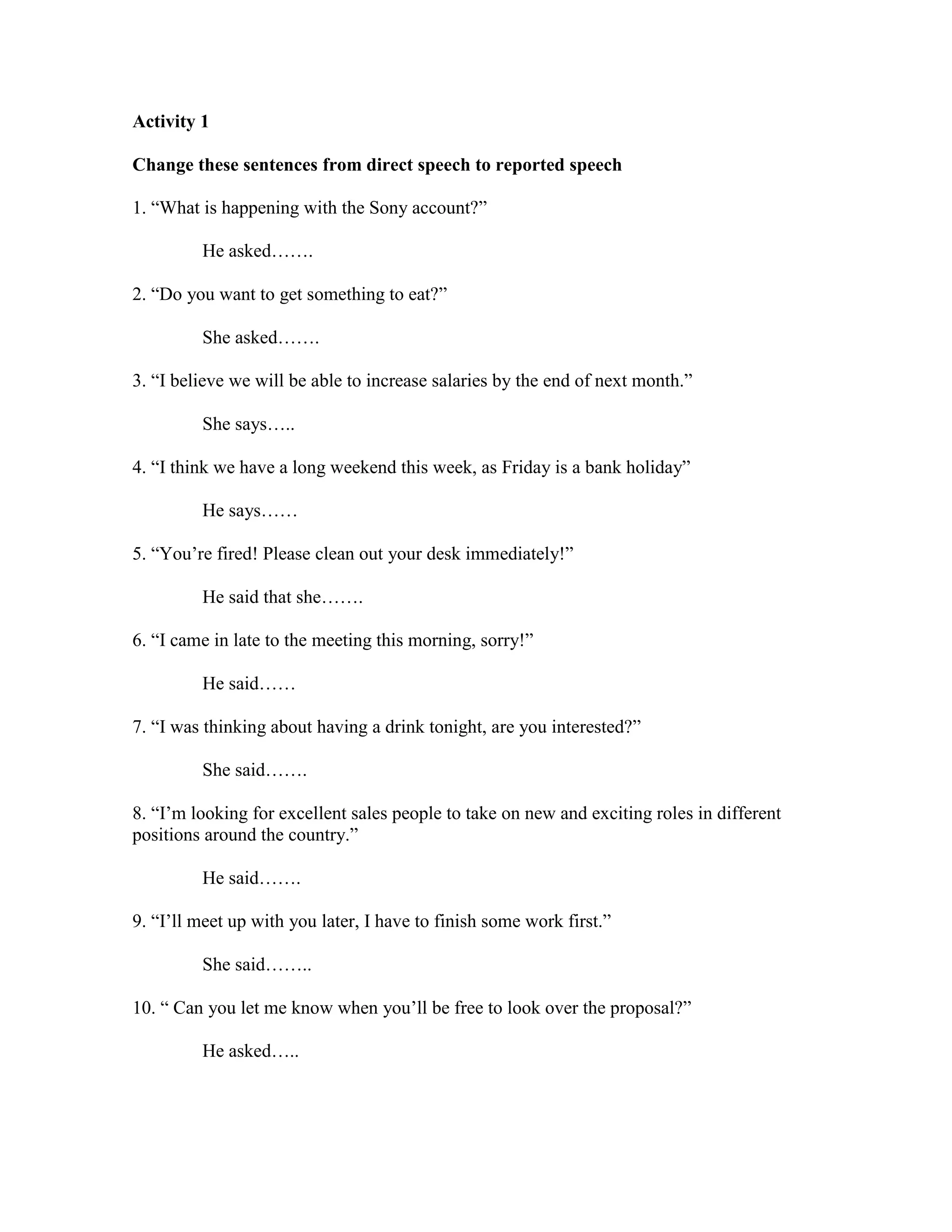 Reported speech explanation and exercises | DOCX