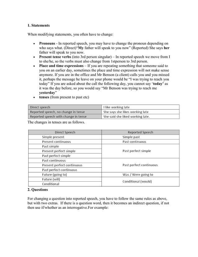 Reported speech explanation and exercises | DOCX