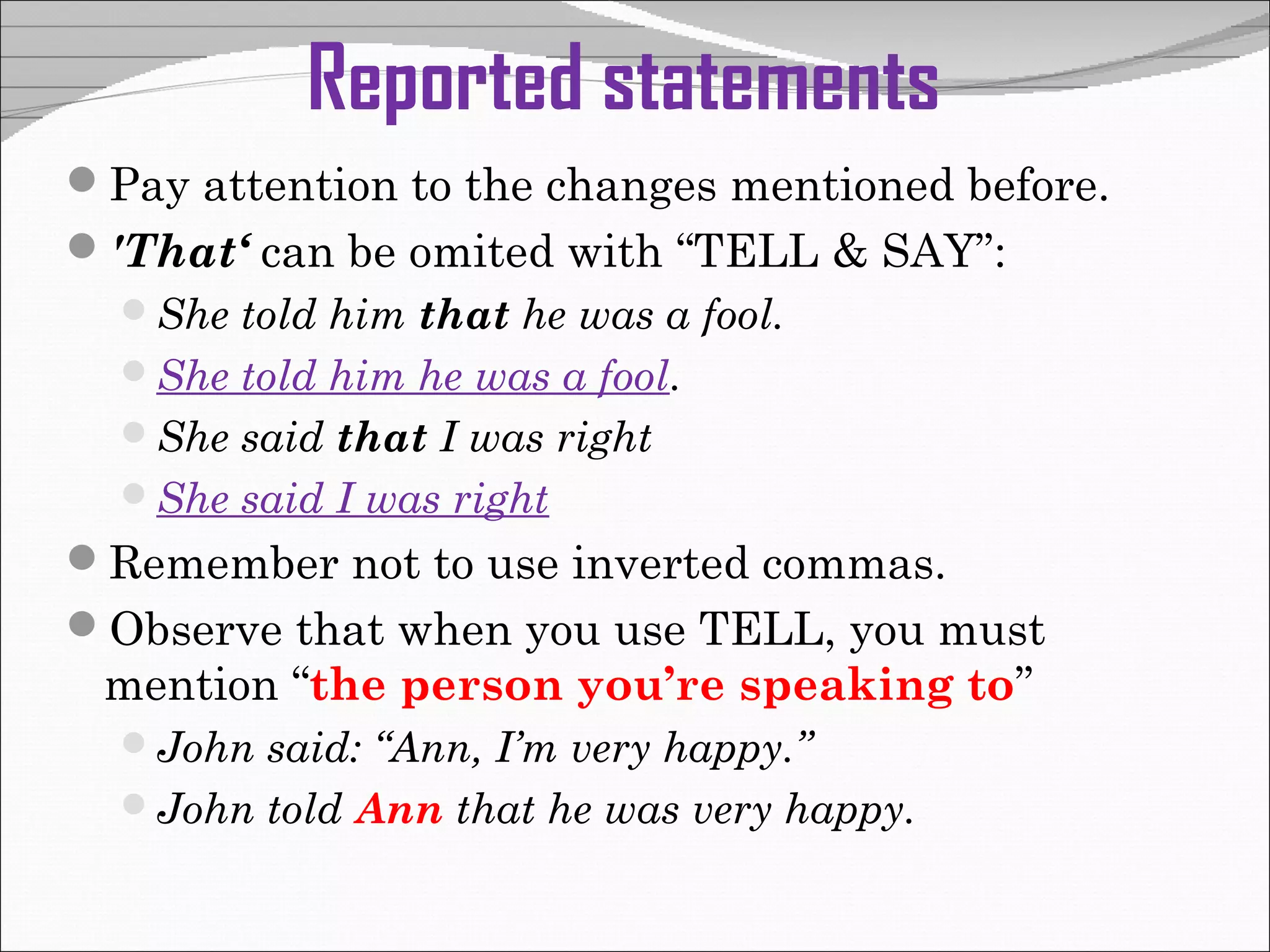 Reported speech statements questions and commands | ODP