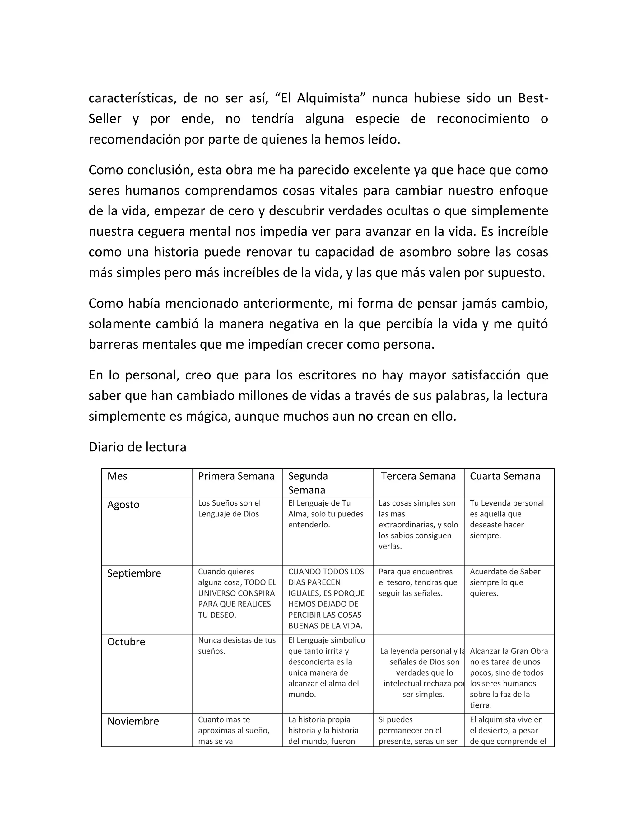 Reporte de Lectura: El Alquimista | DOCX