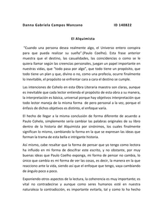Reporte de Lectura: El Alquimista | DOCX